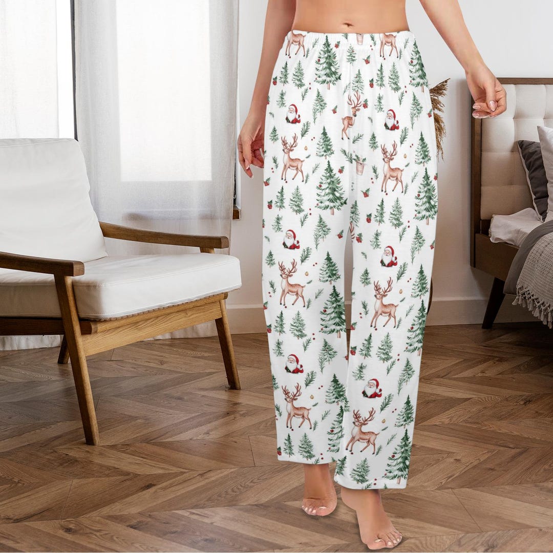 White Christmas Trees Women Pajamas Pants, Reindeer Santa Claus Xmas PJ ...