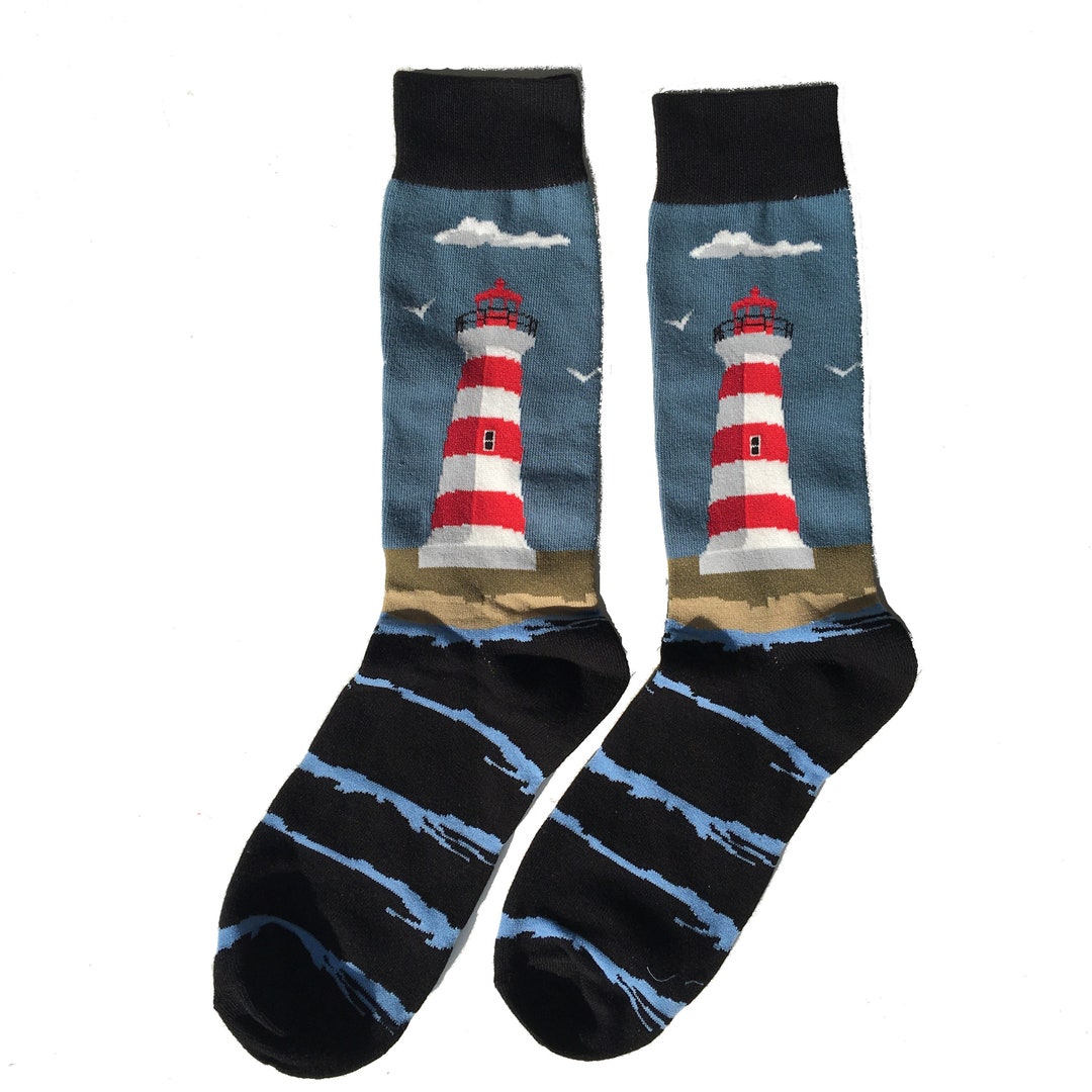 Lighthouse Socks, Nautical Maritime Ocean Black Boating Sea Blue Men ...