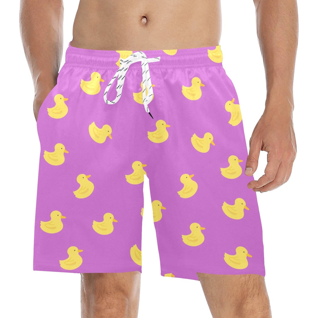 Pink Rubber Duck Men Swim Trunks, Yellow Mid Length Shorts Beach Front ...