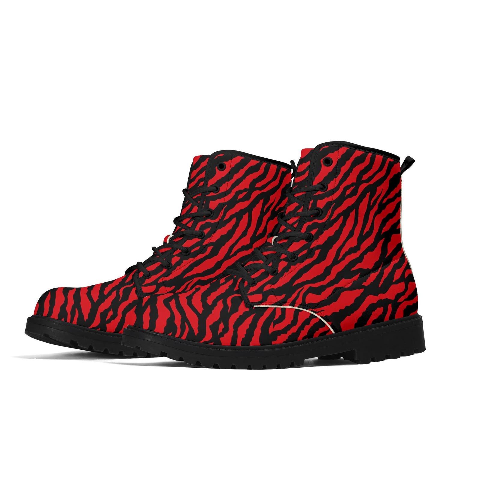 Red Black Tiger Stripes Men Leather Boots, Animal Vegan Lace up Shoes ...