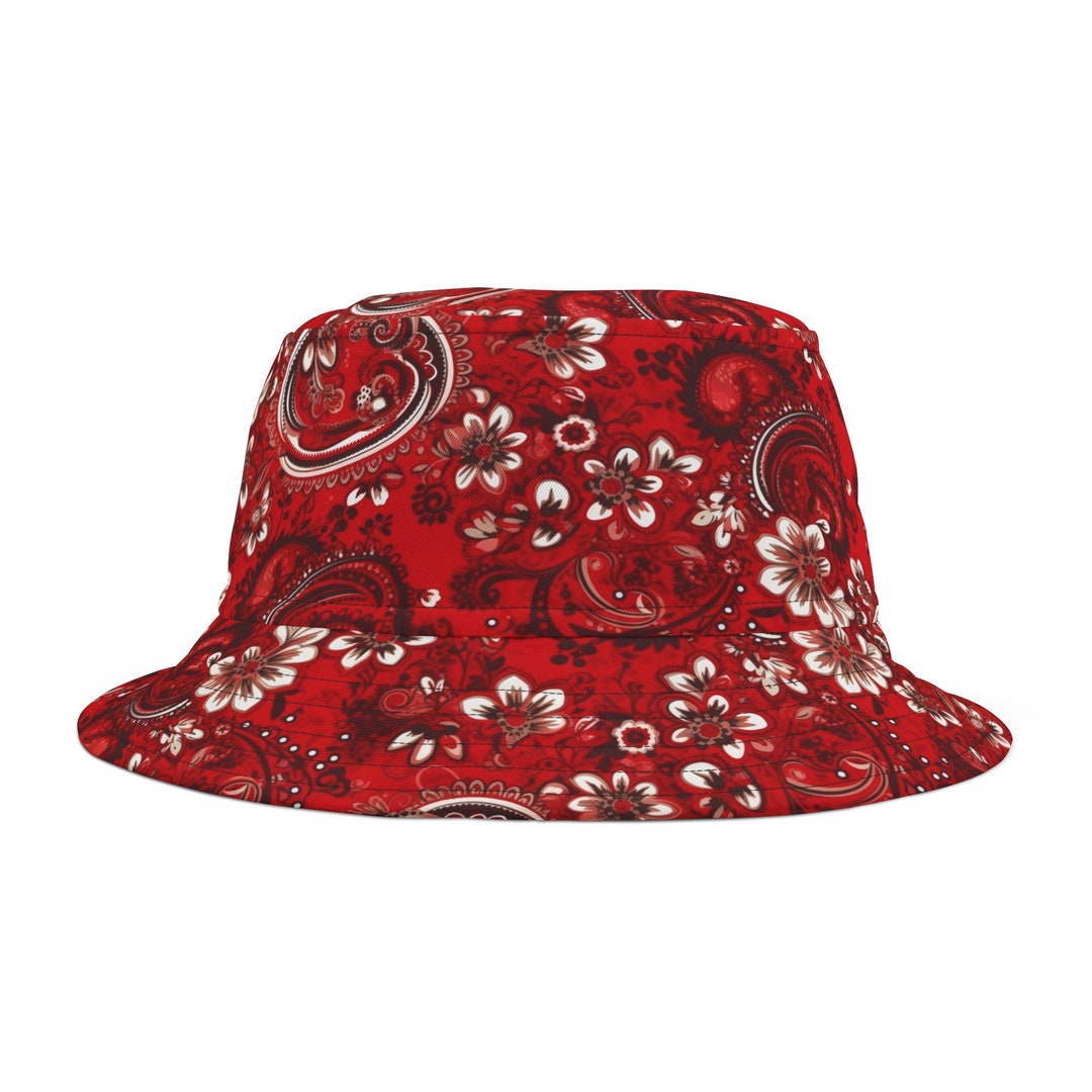 Red Paisley Bucket Cap Hat, Bandana Beach Cool Women Men Golf Retro ...