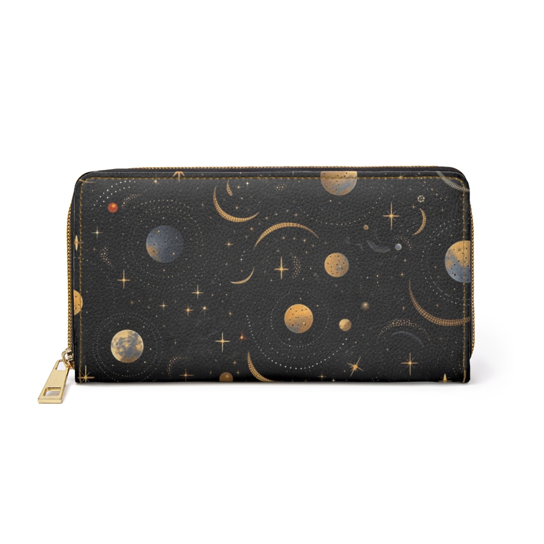 Celestial Leather Wallet Women, Moon Space Vegan Zipper Zip Around ...
