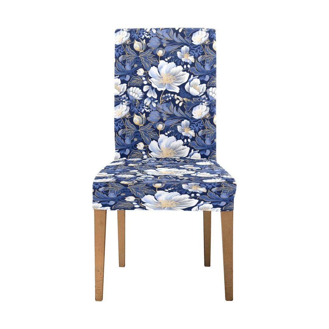 Blue White Gold Floral Dining Chair Seat Covers, Flowers Watercolor ...