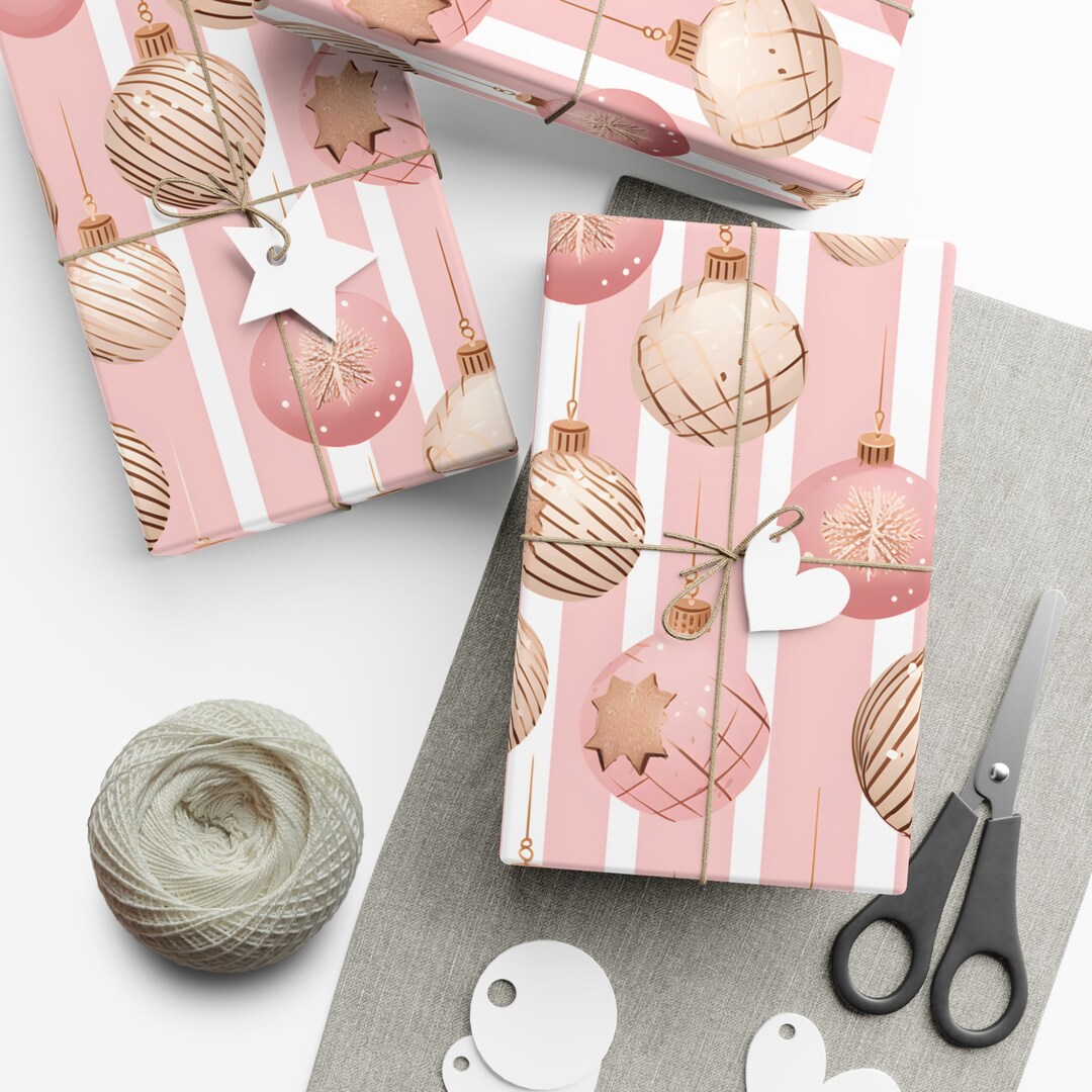 Pink Christmas Wrapping Paper, Ornaments Stripes Print Art Packing ...
