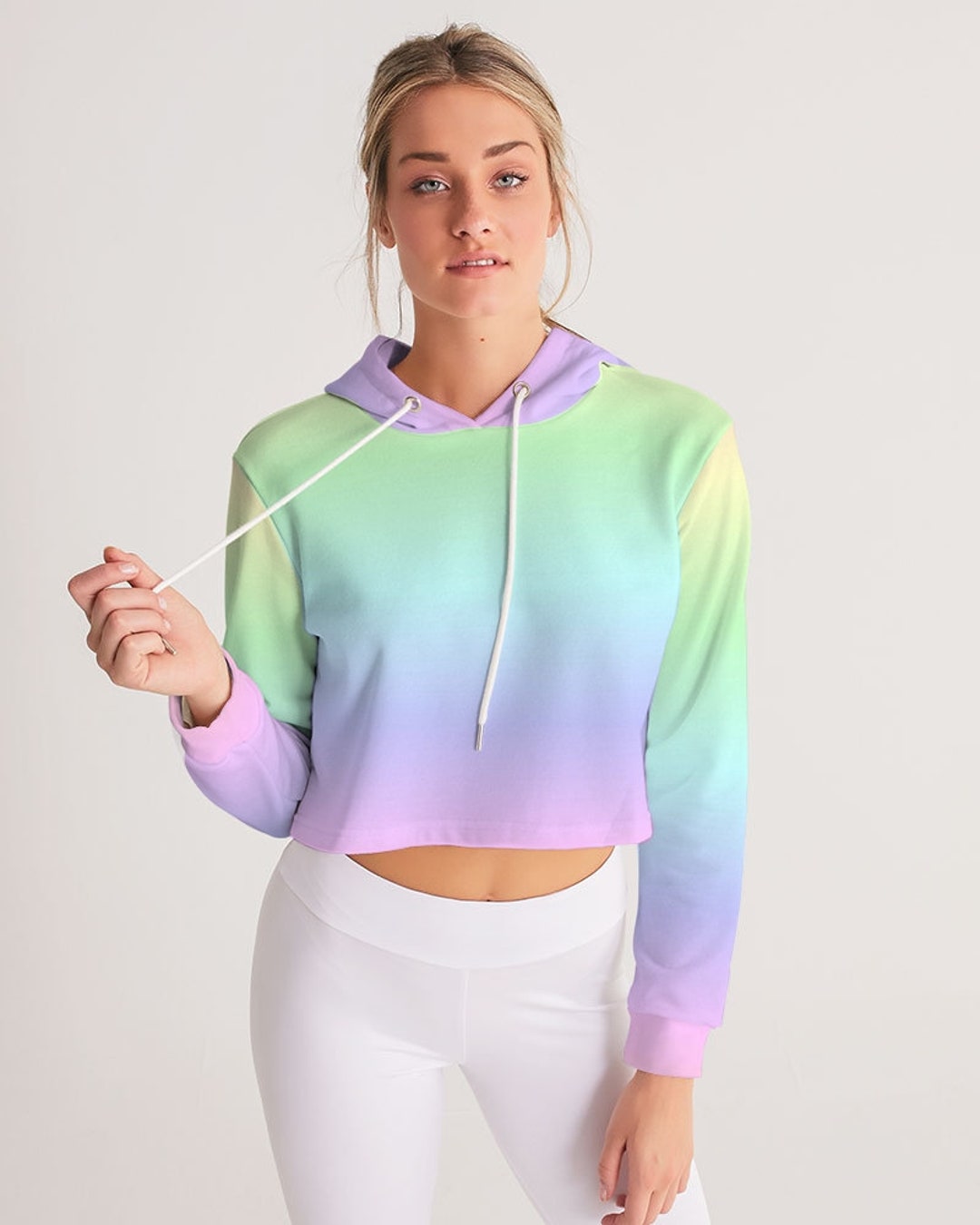Pastel Rainbow Ombre Pink Women Cropped Hoodie, Gradient Tie Dye Ladies ...