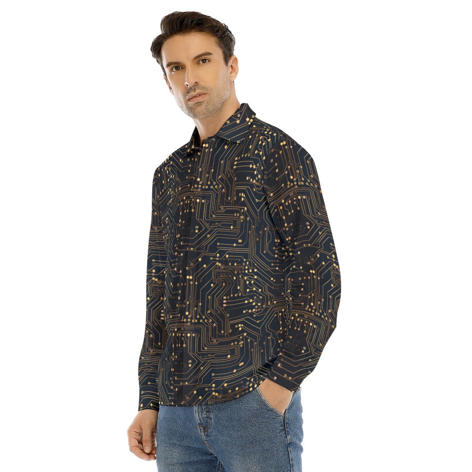 Engineer Men's Lapel Collar Shirt Concealed Placket, Circuit Board ...