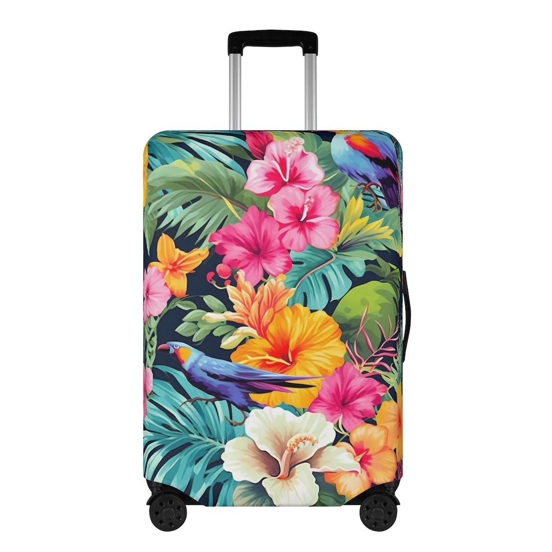 Tropical Flowers Luggage Cover, Pink Floral Bird Parrot Suitcase ...