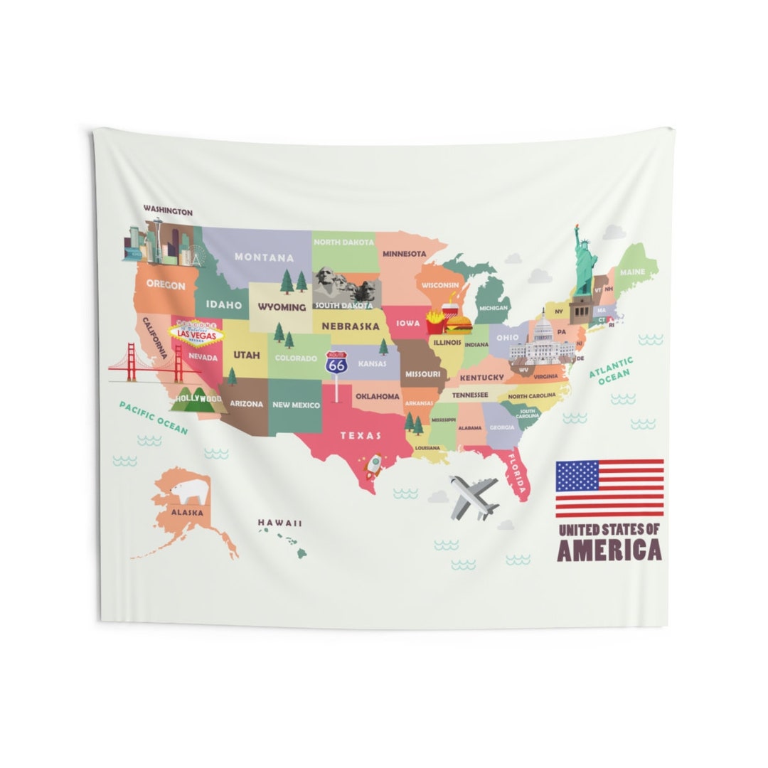 America USA Map With Landmarks Tapestry Landscape Indoor Wall - Etsy