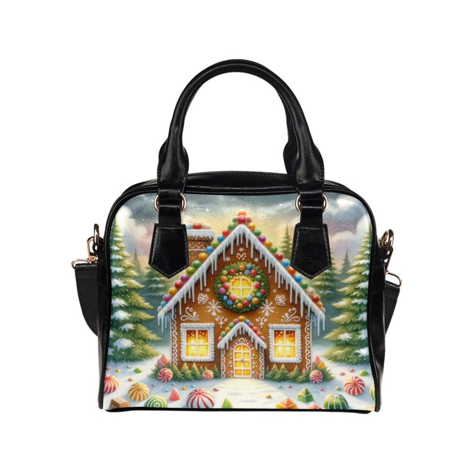 Gingerbread House Purse, Christmas Xmas Pattern Cute Small Shoulder Zip ...