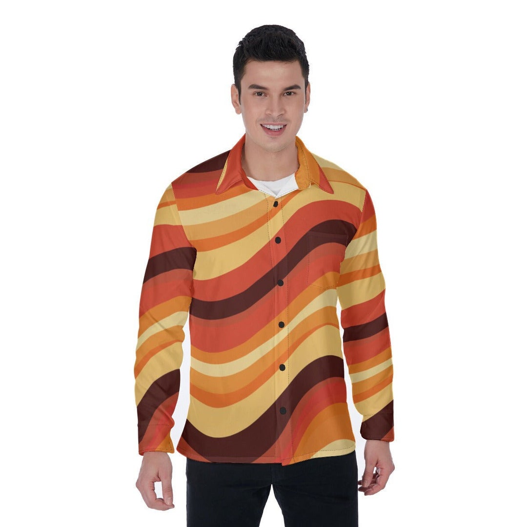 70s Wavy Striped Long Sleeve Men Button up Shirt, Retro Vintage 1970 ...