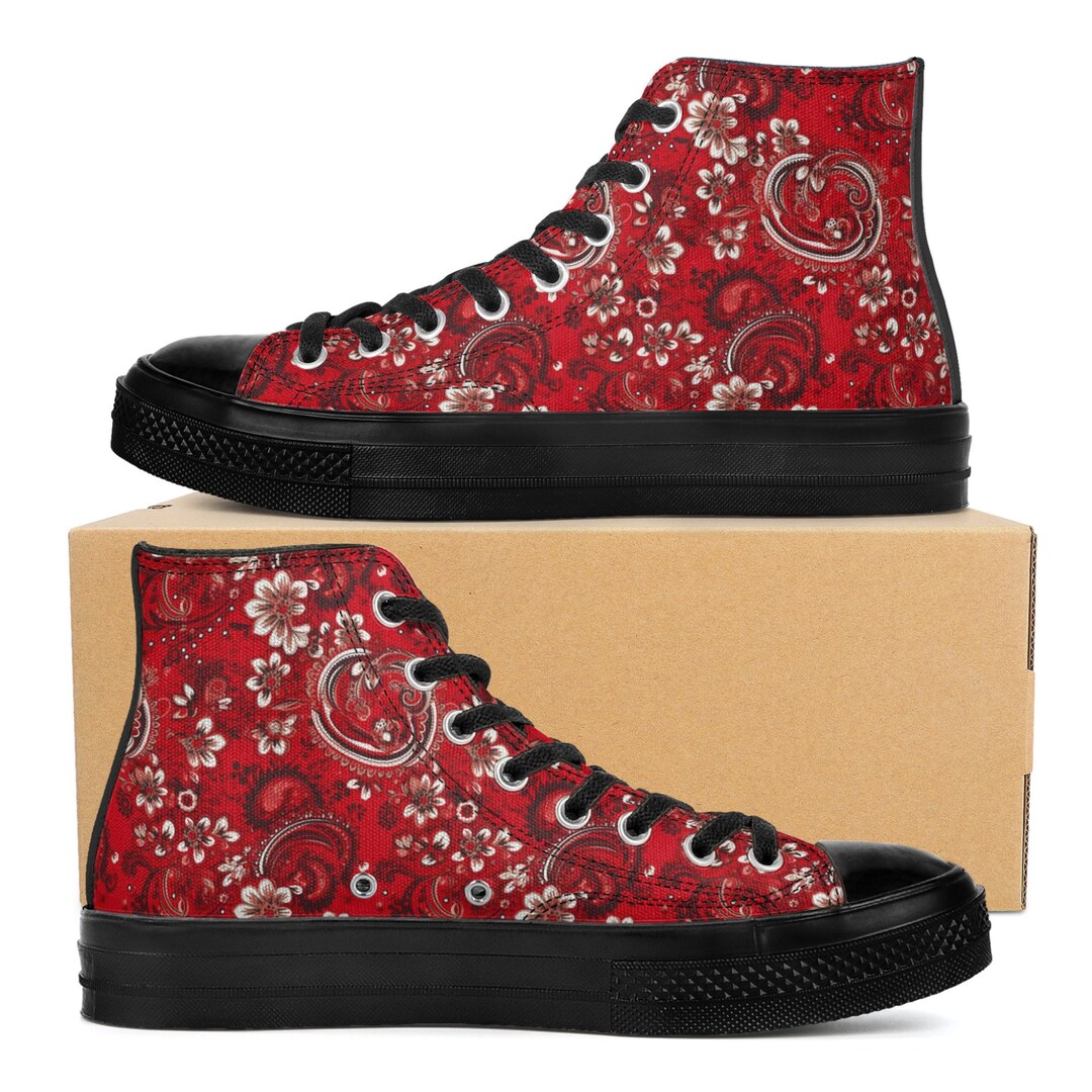 Red Bandana Men High Top Shoes, Paisley Lace up Sneakers Footwear Rave ...