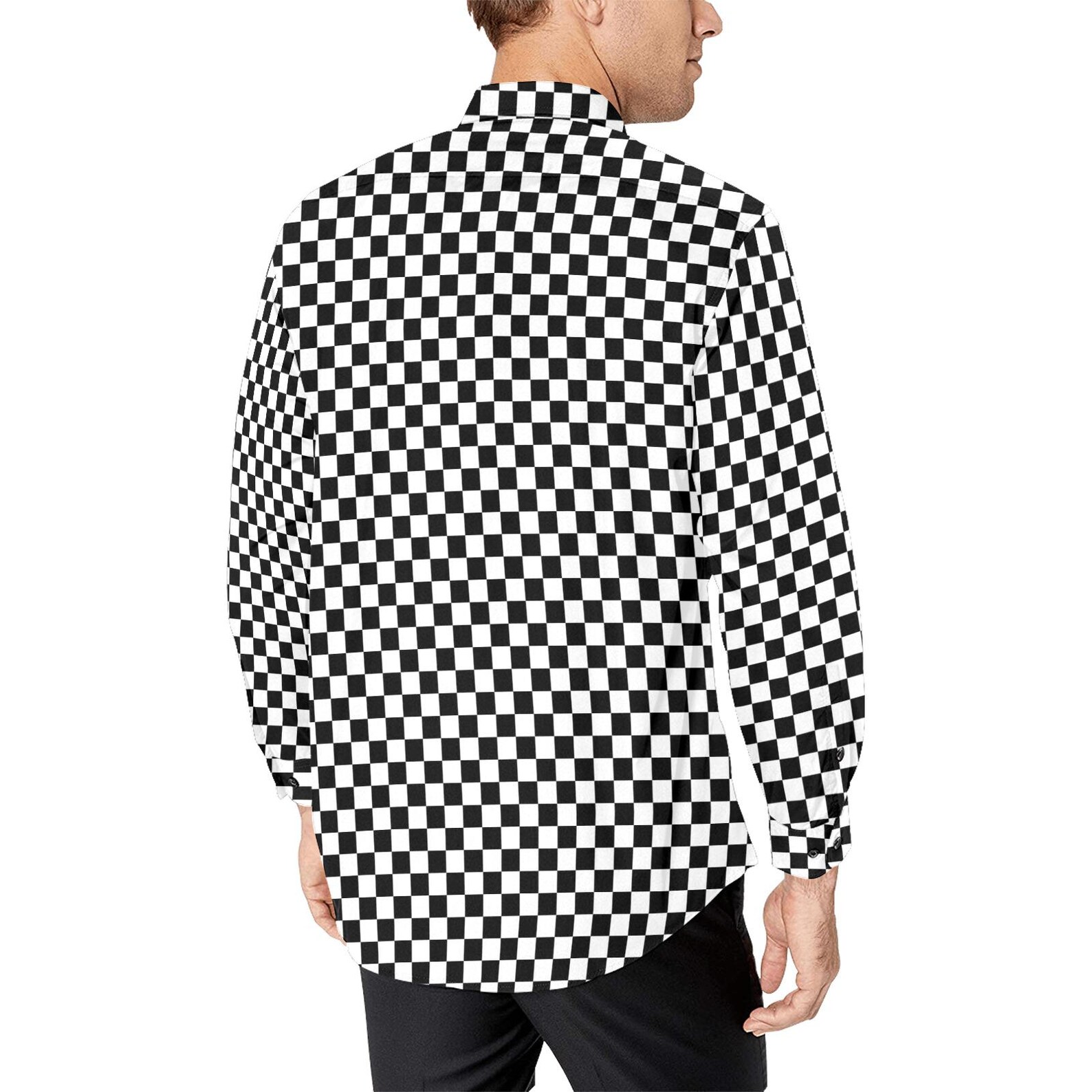 Checkered Long Sleeve Men Button up Shirt, Check Black White Racing ...
