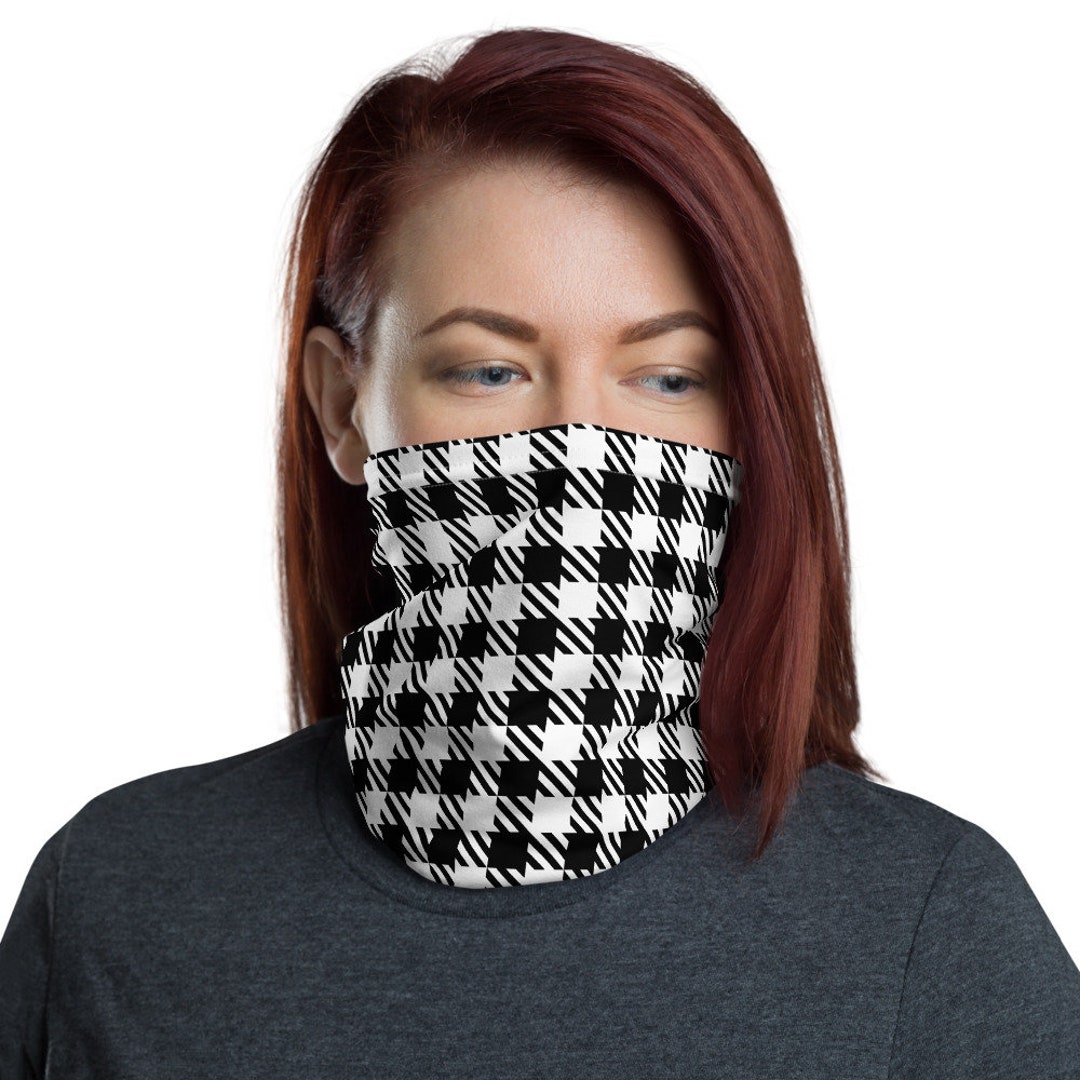 Black White Checker Face Mask Neck Gaiter, Gingham Print Check Fabric ...