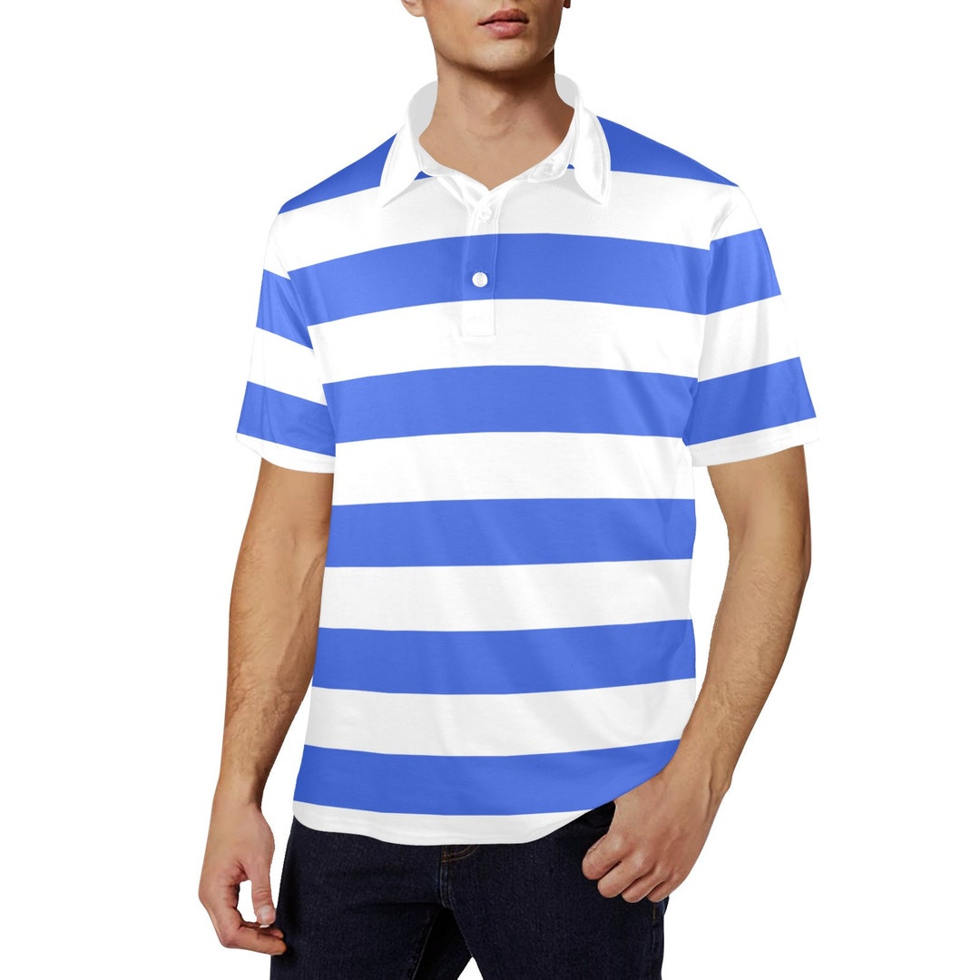 Royal Blue White Striped Men Polo Shirt, Wide Stripes Vintage Short ...