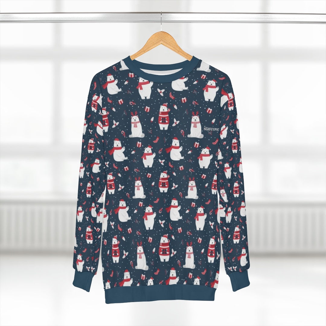 Christmas Sweater, Cute Polar Bear Blue Sweatshirt Funny Print Party ...