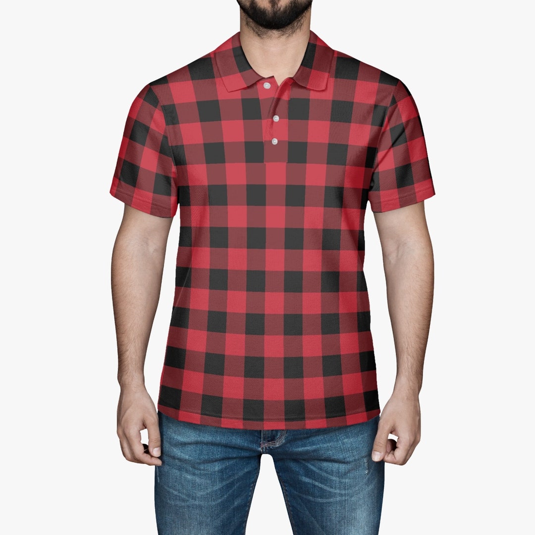 Red Buffalo Plaid Men Polo Shirt, Black Check Plus Size Collared Casual ...