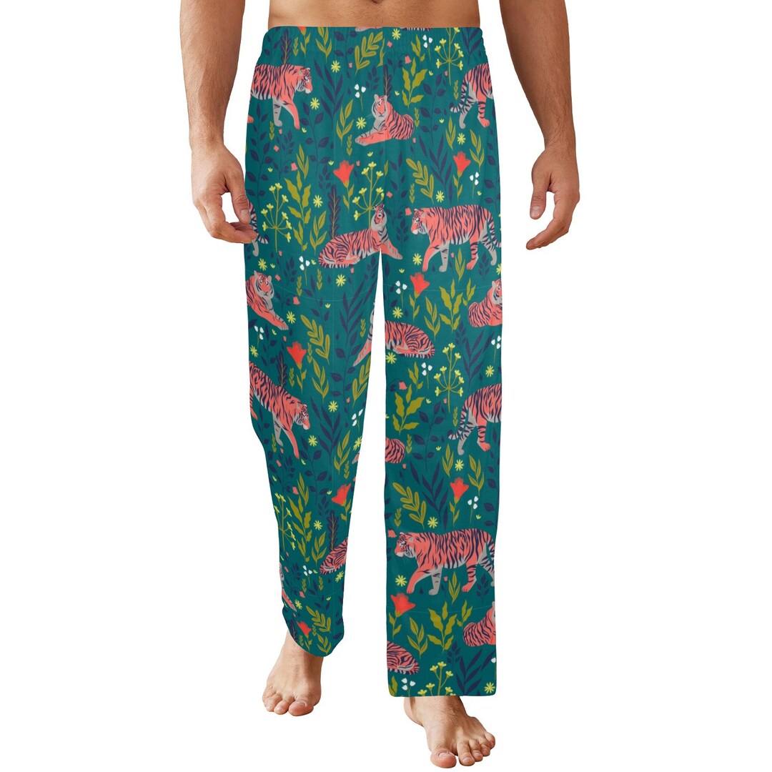Tropical Tiger Men Pajamas Pants, Animal Print Vacation Pattern Satin ...