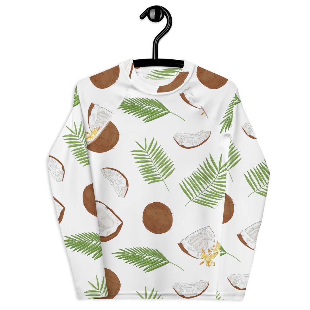Coconut Girls Rash Guard (8-20), White Green Print Surf Kids Teen Long ...