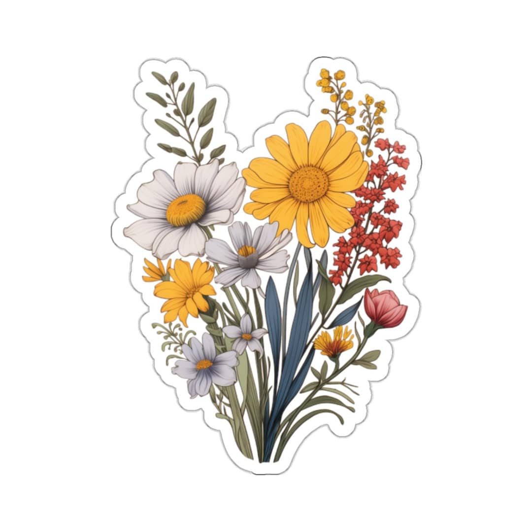Wildflowers Sticker, Floral Bouquet Flowers Clear Art Laptop Decal ...