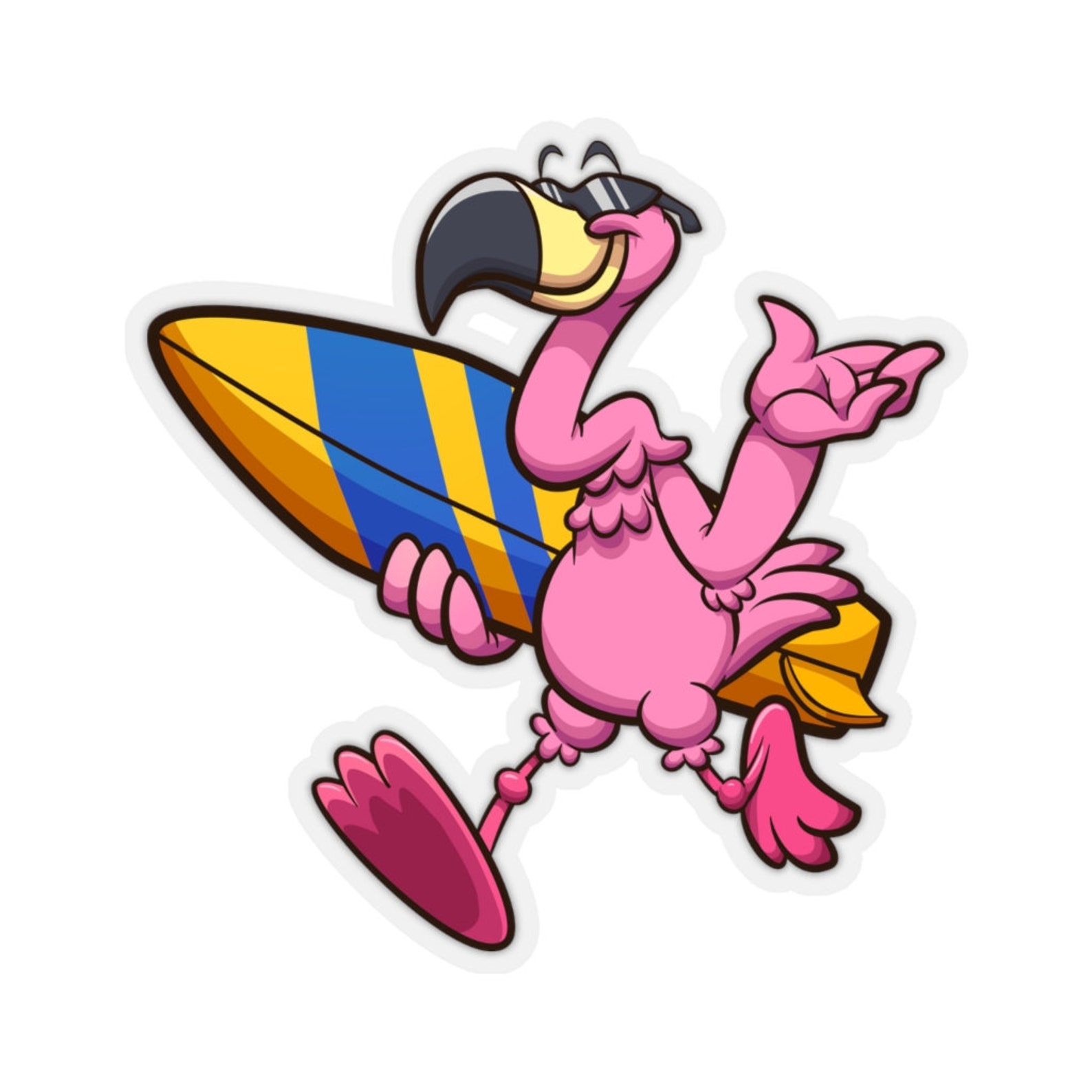Pink Flamingo Surfing Sticker, Character Surfboard Laptop Decal Vinyl ...