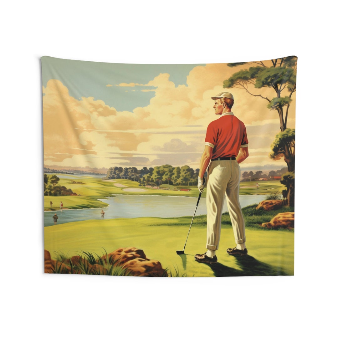 Golf Tapestry, Golfing Men Vintage Retro Wall Art Hanging Cool Unique ...