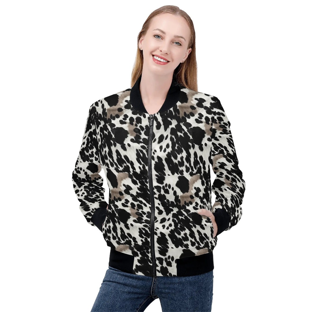 Cow Print Women Bomber Jacket, Black White Brown Animal Ladies Female ...
