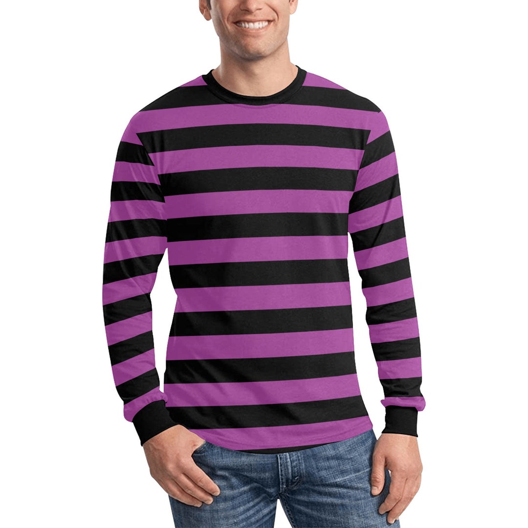 Black and Purple Striped Men Long Sleeve Tshirt, Vintage Retro Stripe ...