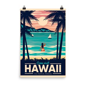 Hawaii Retro Vintage Poster, Hawaiian Palm Tree Wall Art Vertical ...