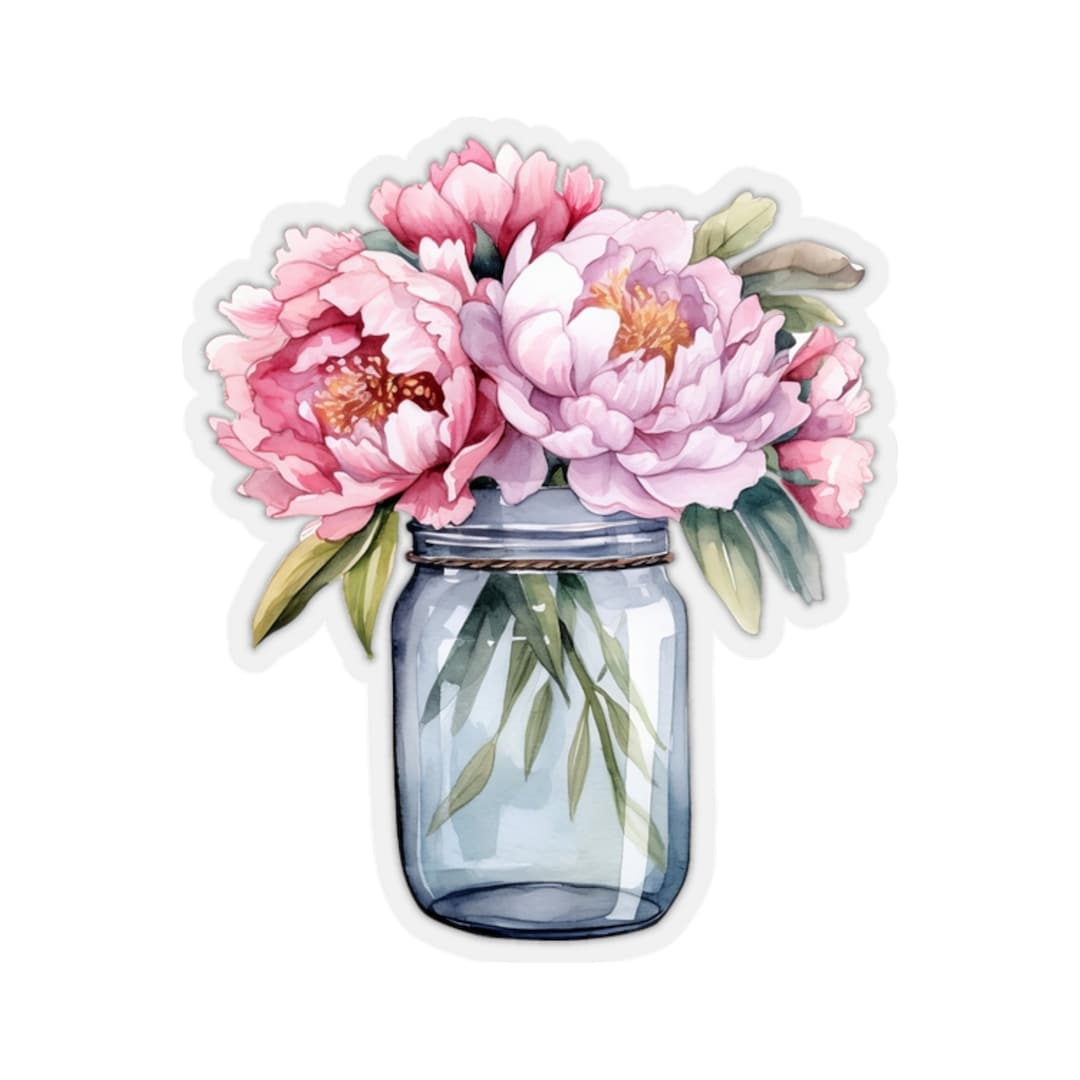 Mason Jar Peonies Sticker, Flowers Floral Art Laptop Decal Vinyl Cute ...