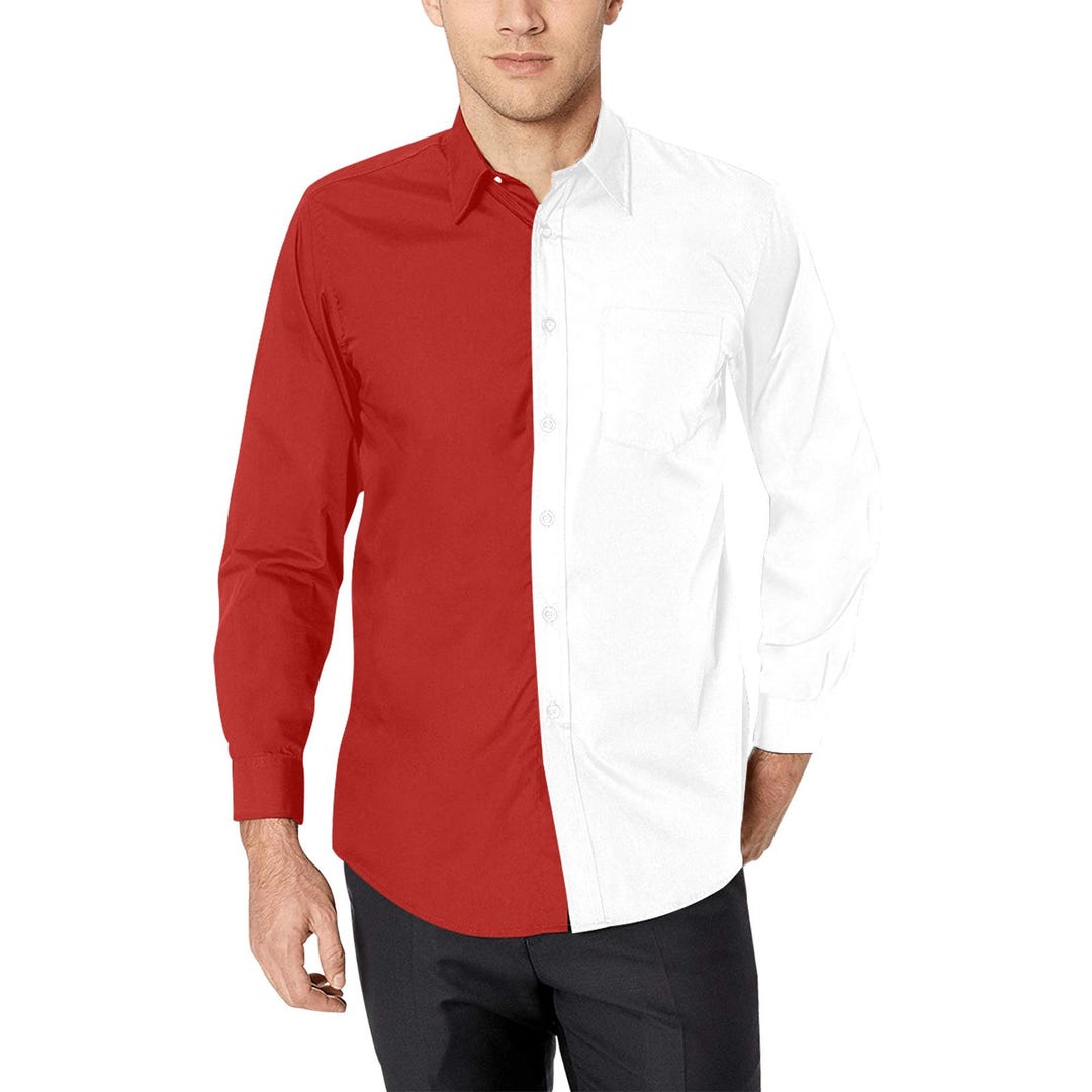 Half Red Half White Men Button up Shirt, Long Sleeve Color Block Split ...