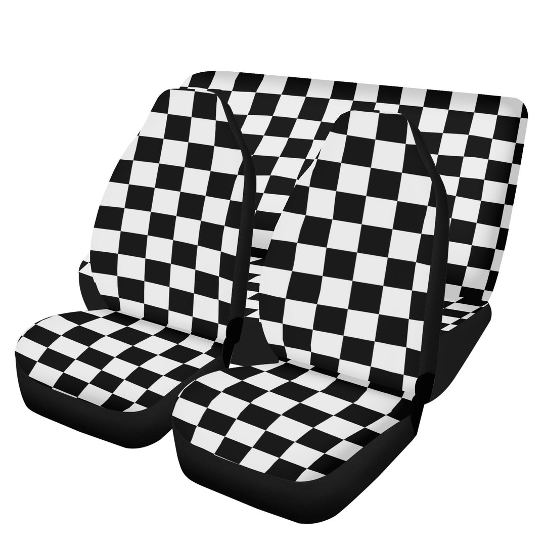Checkered Front and Back Car Seat Covers Full Set (3 Pcs), Black White ...