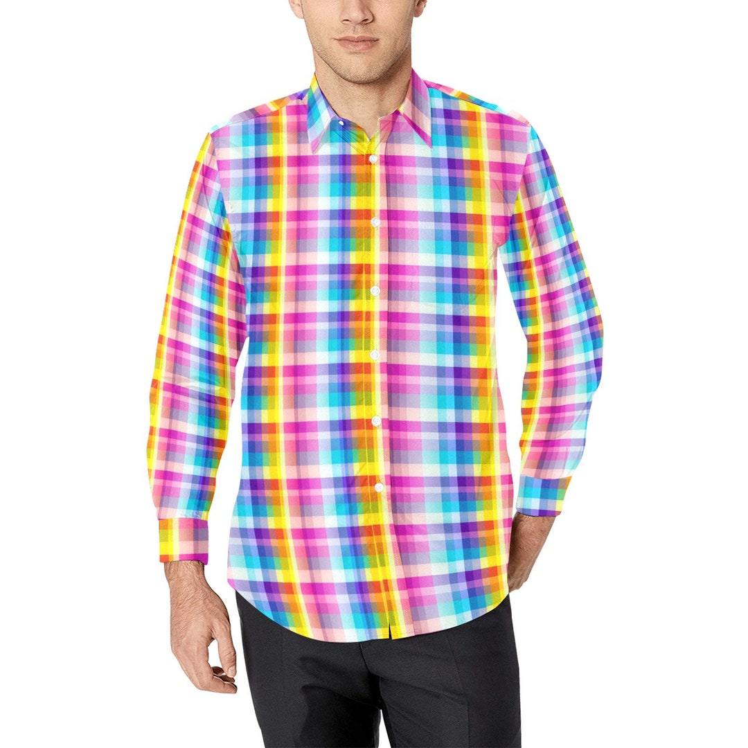 Rainbow Check Long Sleeve Men Button up Shirt, Checkered Plaid Print ...