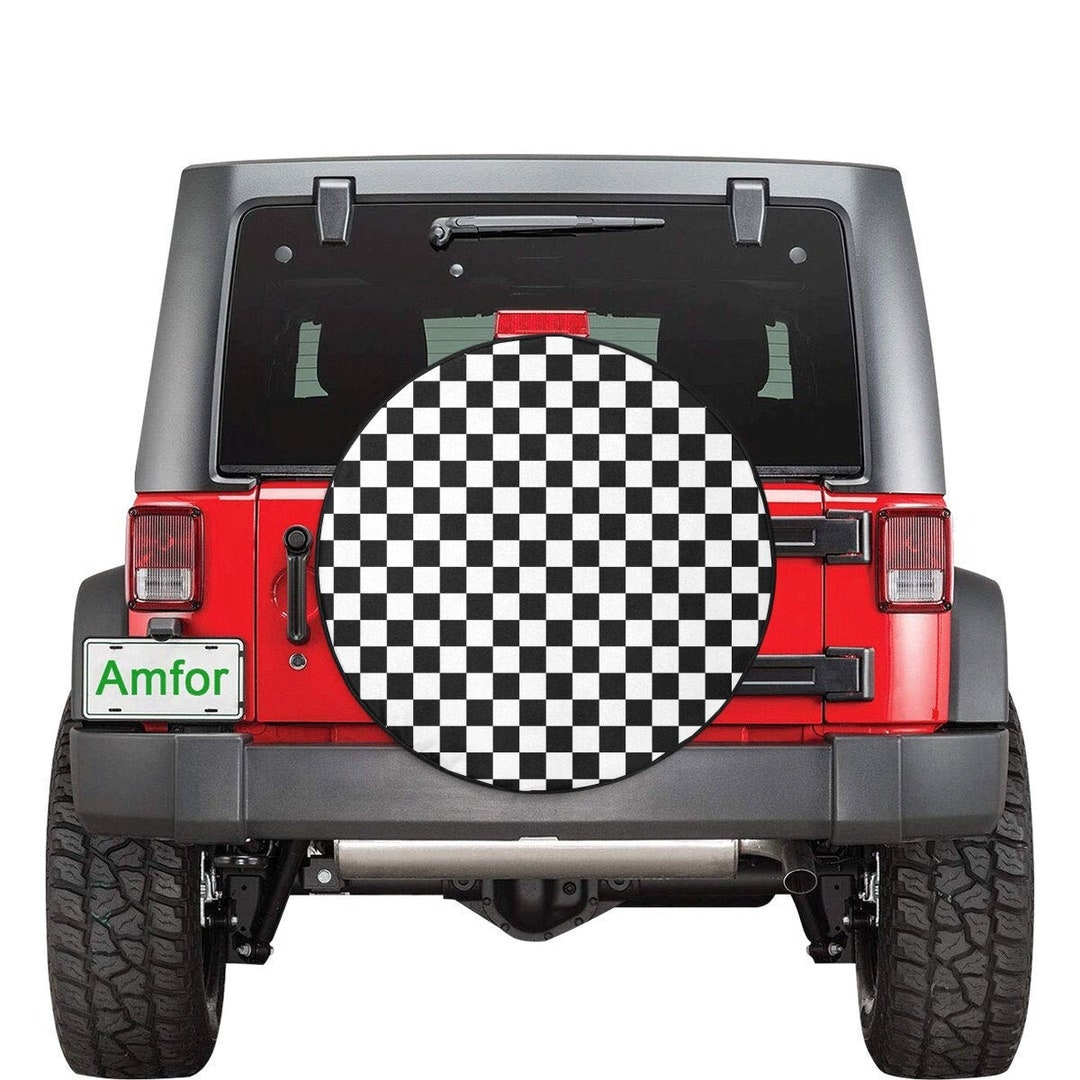 Checkered Spare Tire Cover, Black White Check Extra Rear Wheel Backup ...