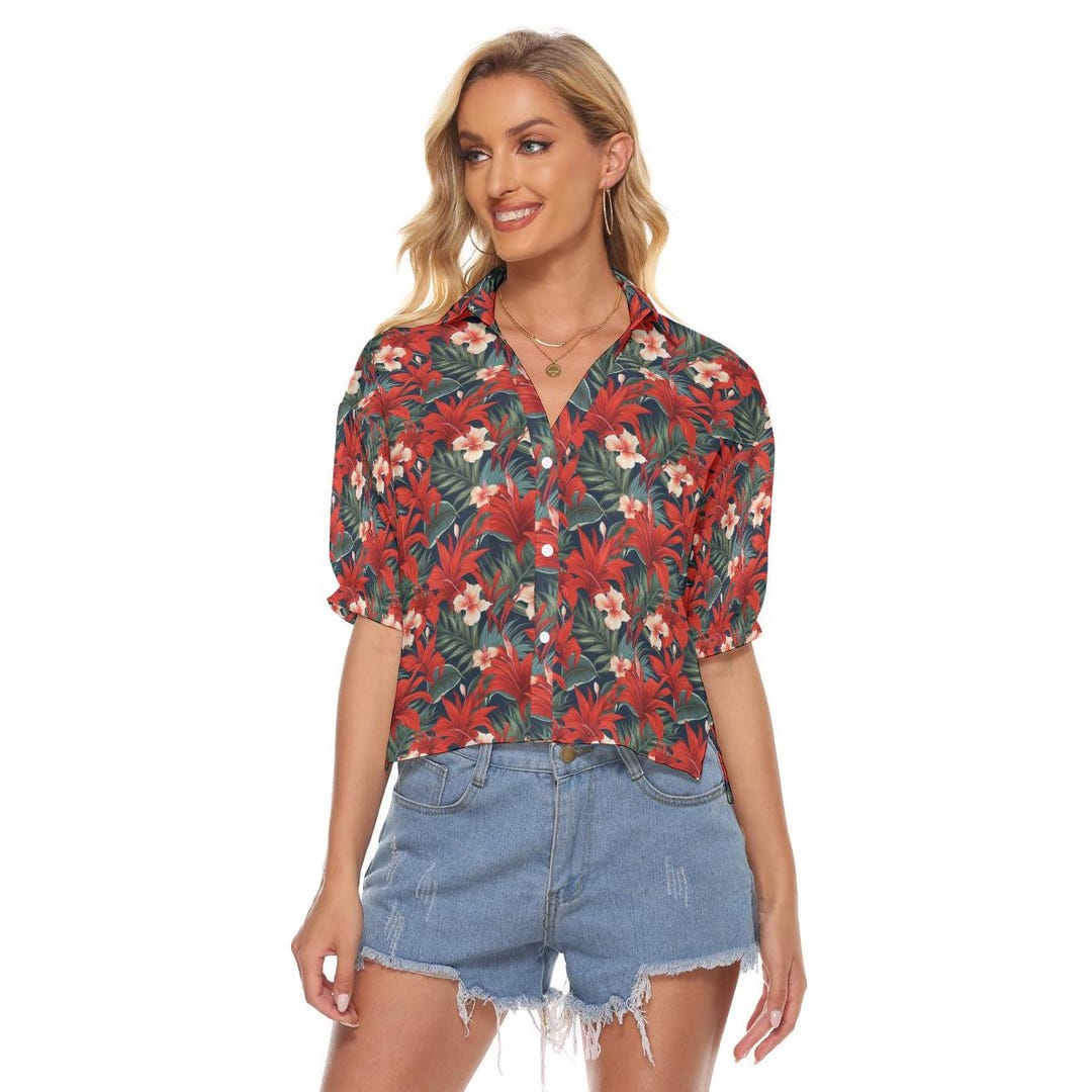 Red Tropical Flowers Women Button up V-neck Shirt, Hibiscus Floral ...