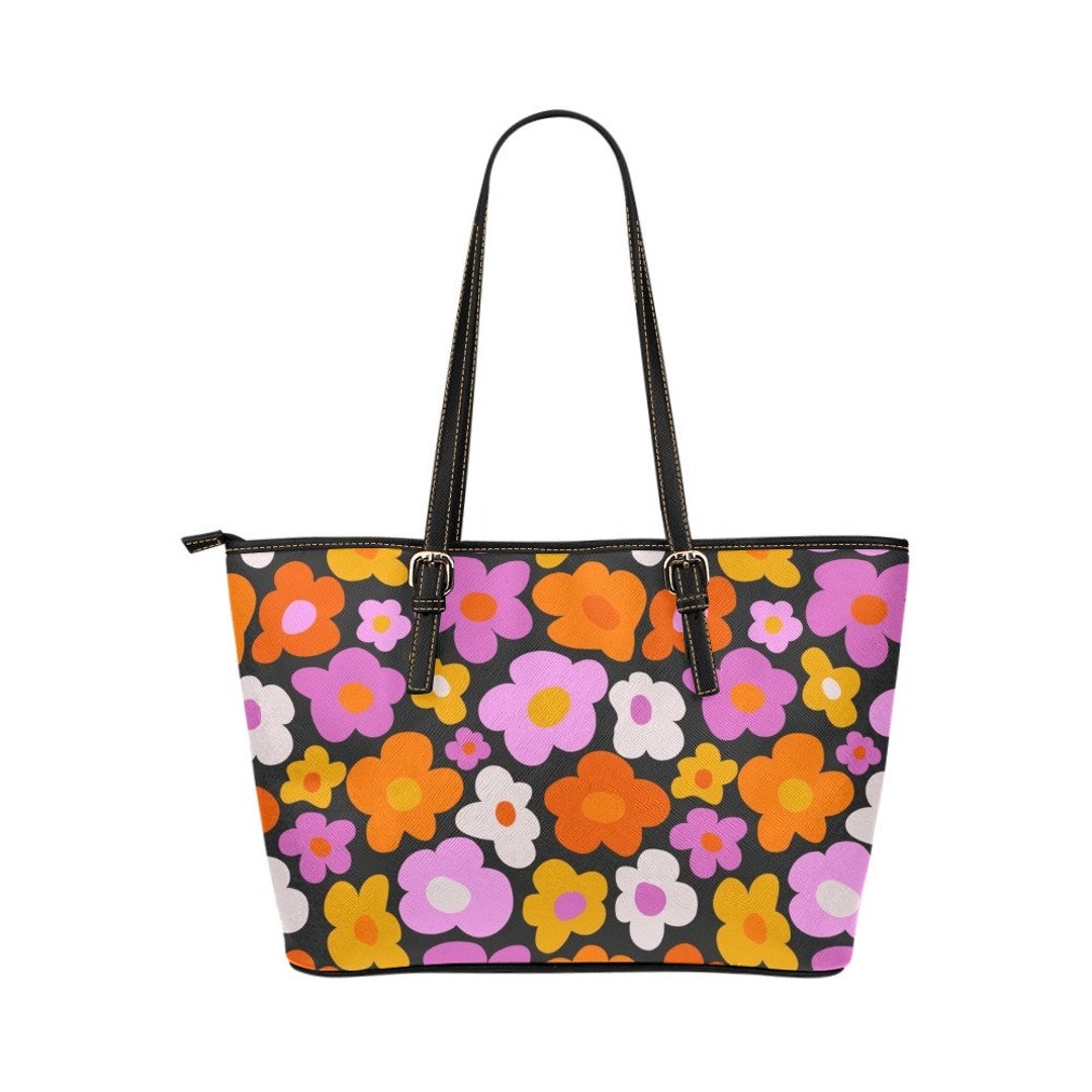 Pink Floral Purse Leather Tote Bag, Groovy 70s Vintage Retro Vegan ...