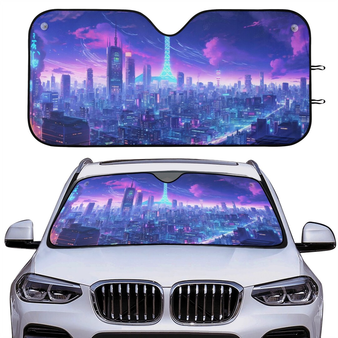 Tokyo Skyline Car Sun Shade, Anime Purple Front Windshield Cover ...
