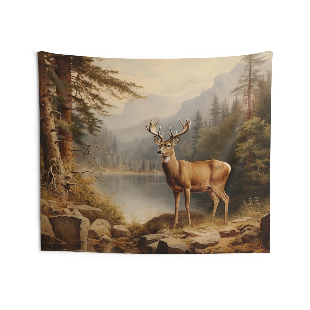 Vintage Deer Tapestry, Nature Lake Animal Wall Art Hanging Cool Unique ...