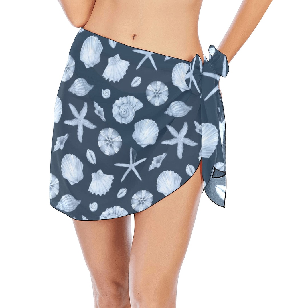 Sea Shells Sarong Wrap Skirt, Ocean Blue Print Women Bikini Bottom ...