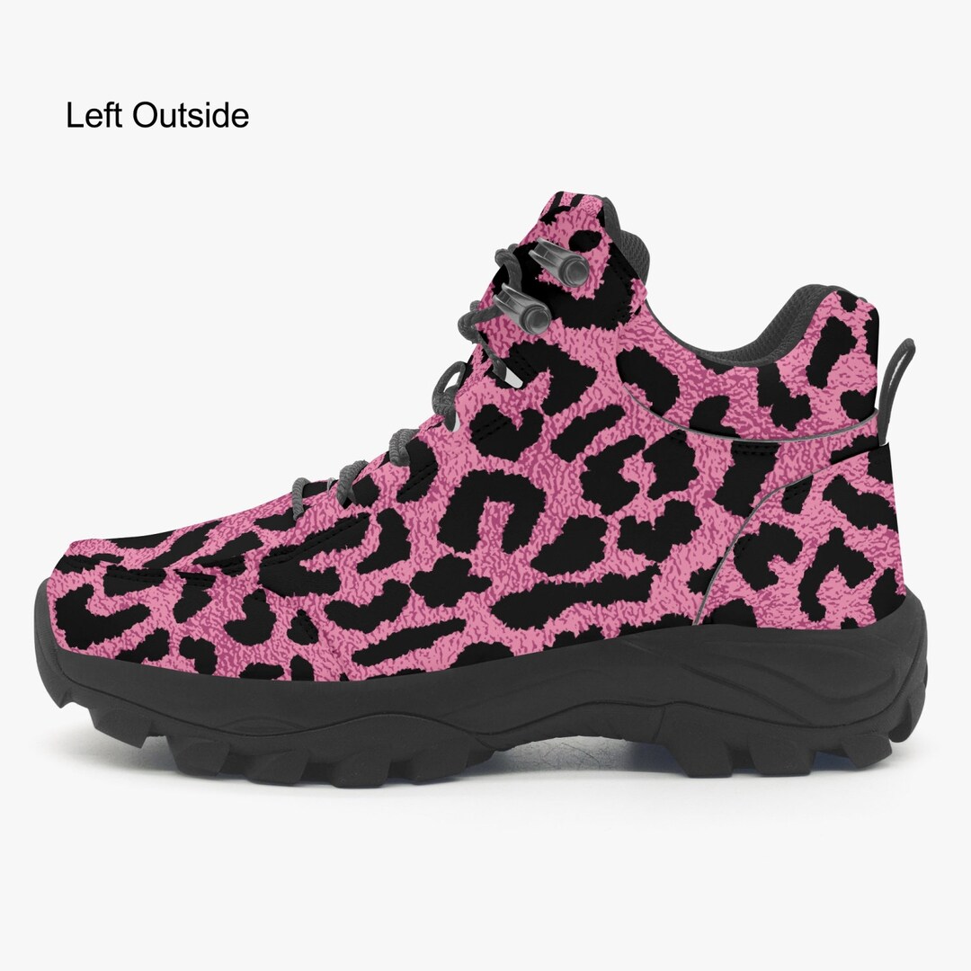 Pink Leopard Hiking Leather Boots, Animal Cheetah Print Men Women Lace ...
