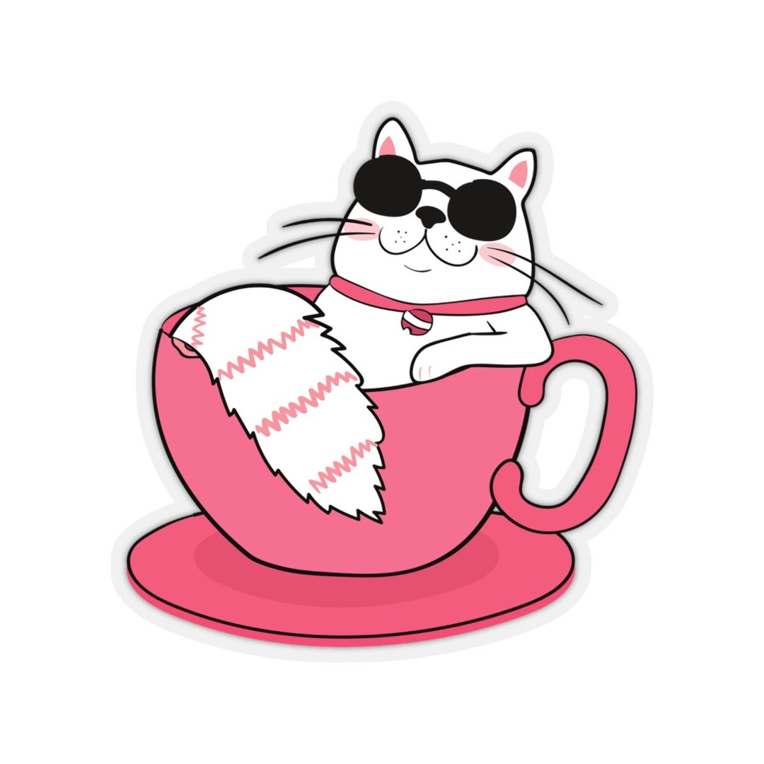 Cat in a Cup Stickers, Sunglasses Happy Pink Red Laptop Vinyl Cute ...