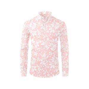 Pink Floral Long Sleeve Men Button up Shirt, Flowers Print White Casual ...