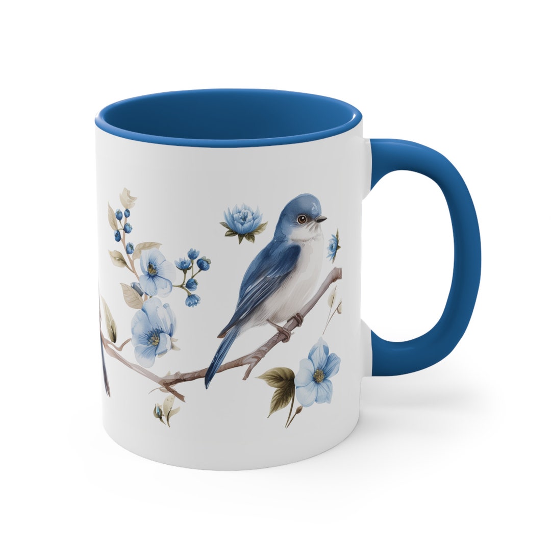 Blue Birds Coffee Mug, White Watercolor Flowers Art Ceramic Cup Tea Hot ...