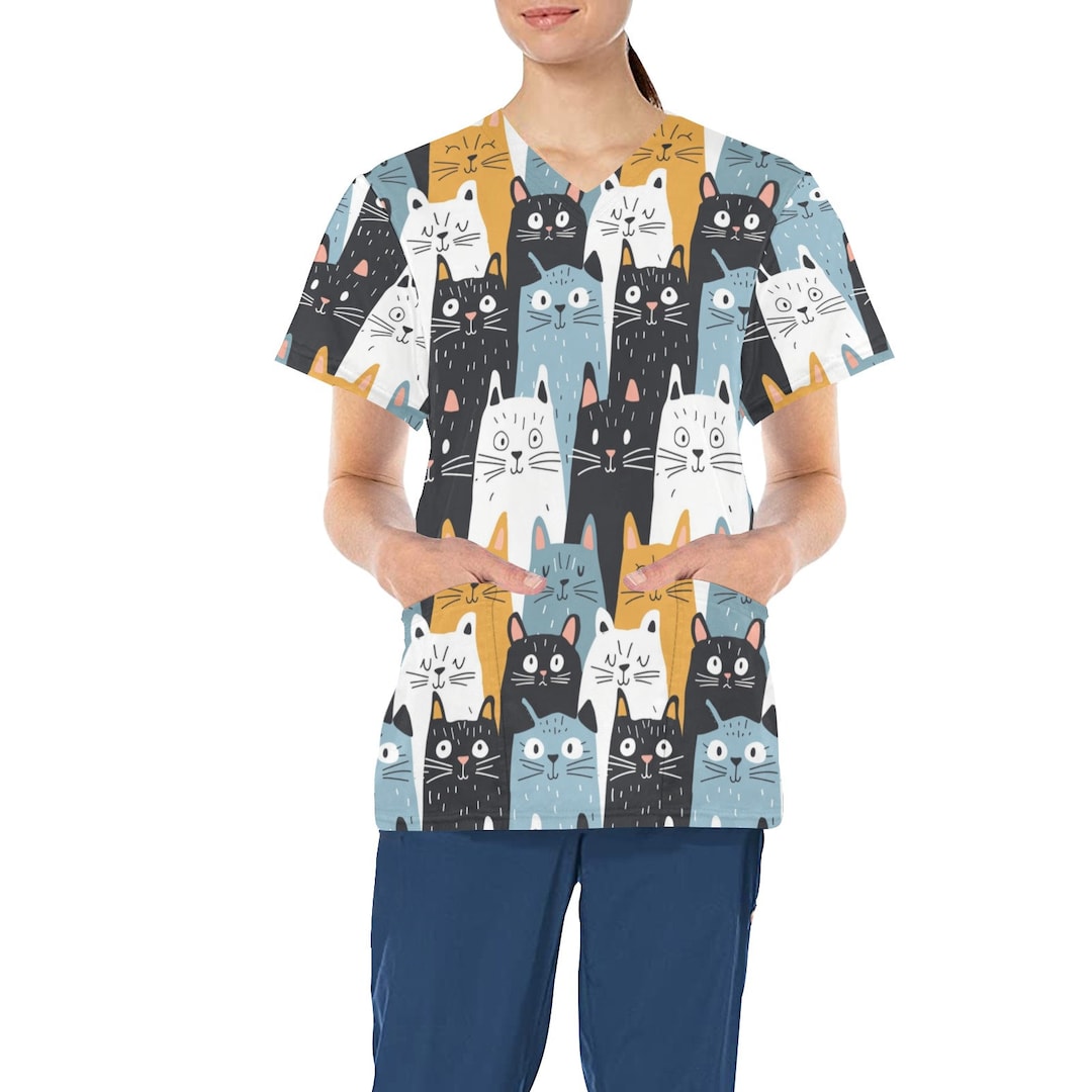Cats Medical Scrubs Top Women, Kittens Ladies Female Plus Size Nursing ...