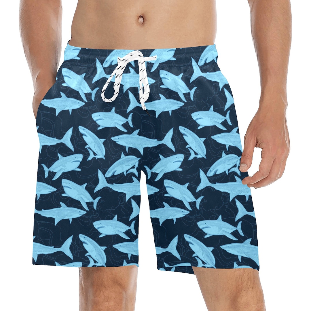 Navy Shark Men Swim Trunks, Blue Mid Length Shorts Beach Front and Back ...