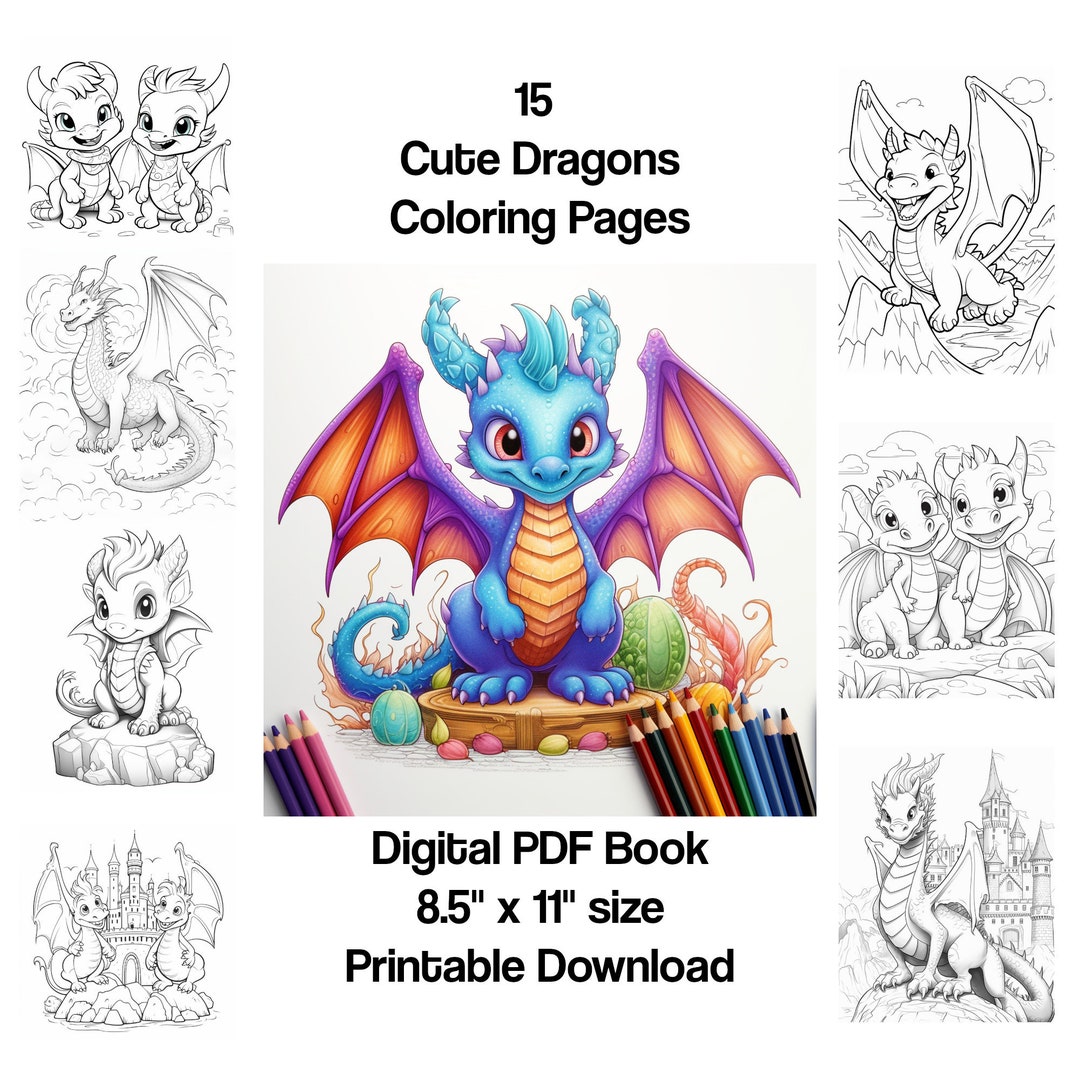Cute Dragons Coloring Pages, PDF Book Baby Animals Fantasy Printable ...