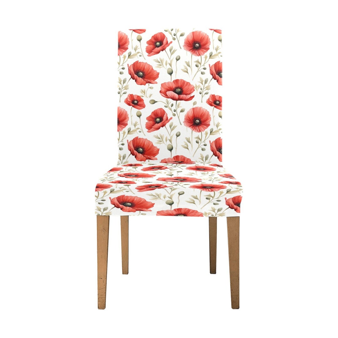 Red Poppy Dining Chair Seat Covers, Floral Flowers Stretch Slipcover ...