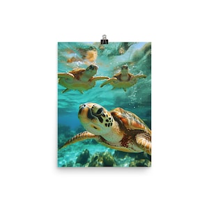 Sea Turtle Poster Print, Underwater Picture Animal Photo Wall Image Art ...