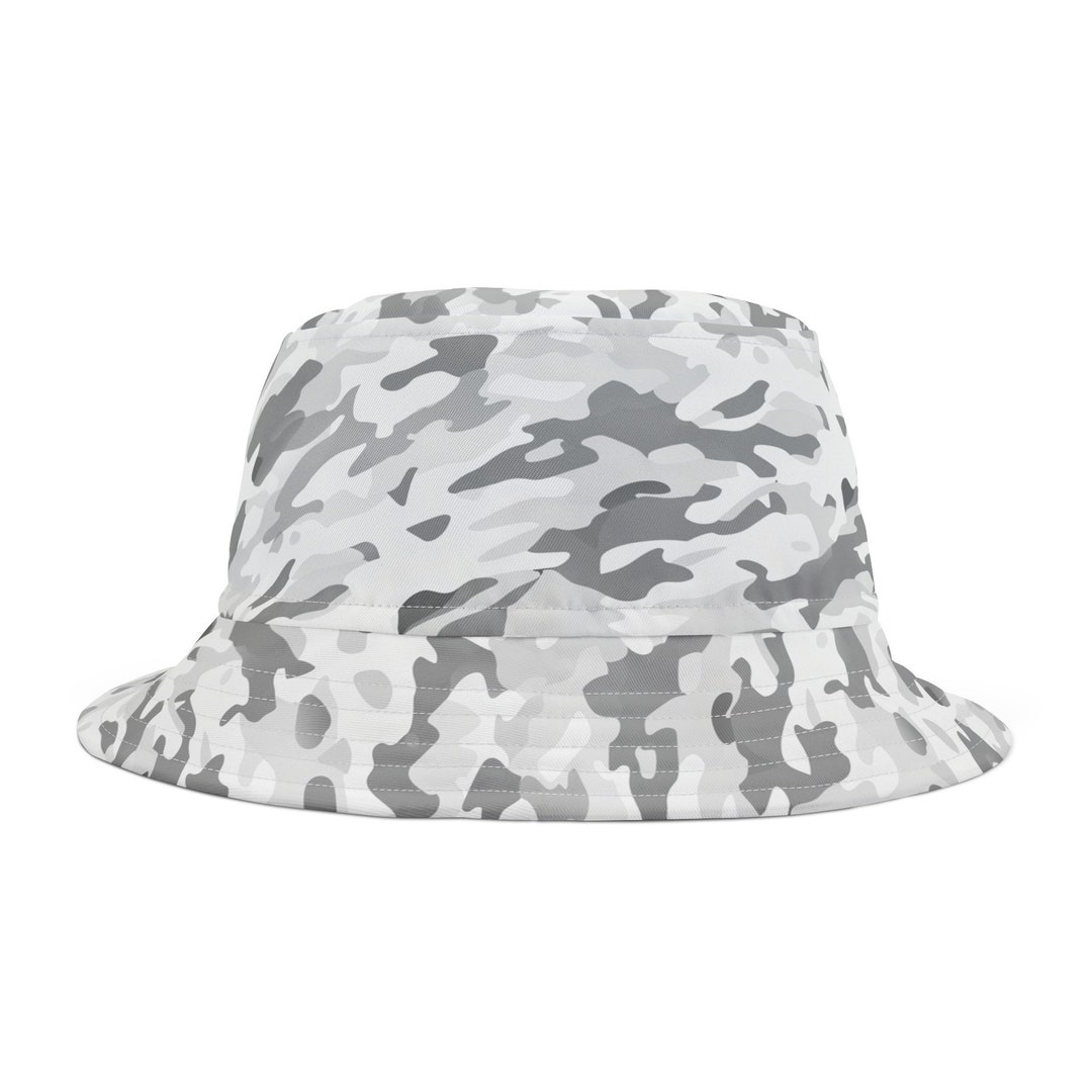 White Camo Bucket Cap Hat, Grey Camouflage Cool Women Men Golf Retro ...