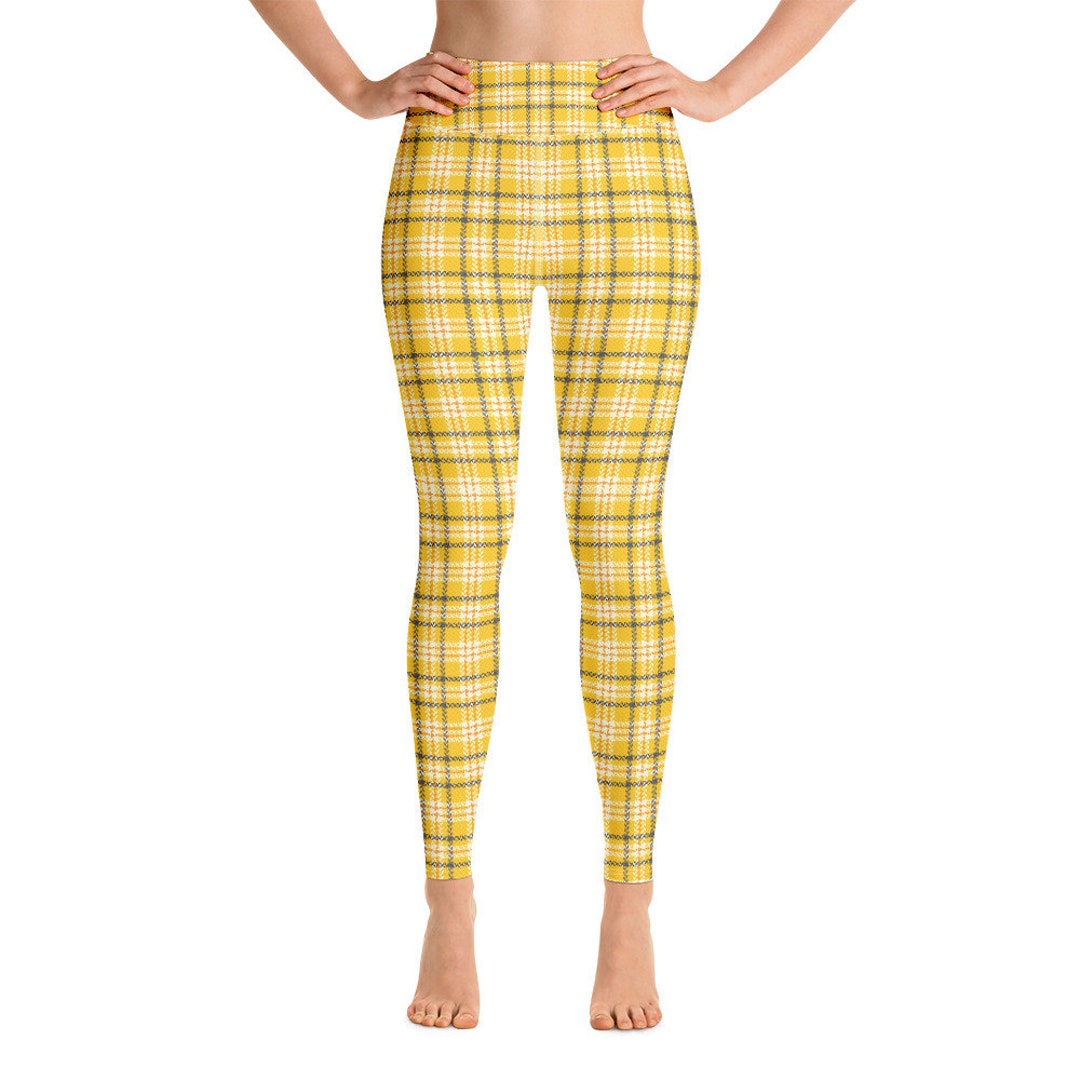 Yellow Plaid Yoga Leggings Women, Tartan High Waisted Pants Cute ...