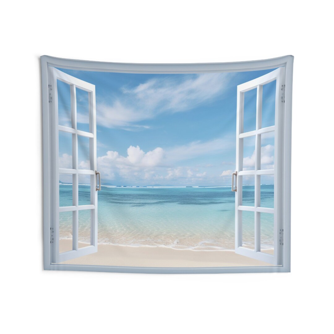 Ocean Beach Window View Tapestry, Coastal 3D Sea Wall Art Hanging Cool ...
